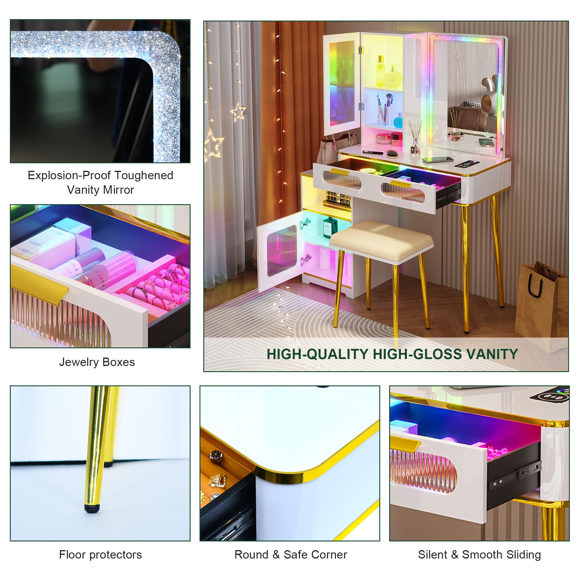 HNEBC Vanity Desk with RGB Lights,LED Makeup Vanity with Mirror and Drawers, RGB Makeup Desk with USB+Wireless Charging Station for Bedroom, Vanitys Table with Sensor Mode, Stool, White