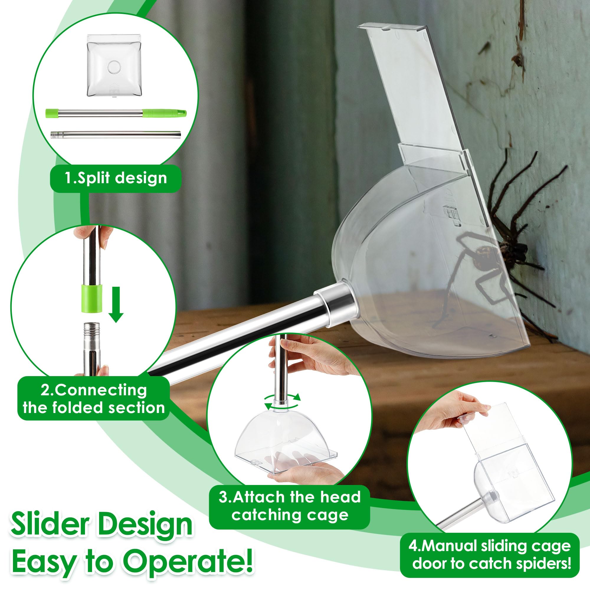 Saillong 1 Pack Large Spider Insect Catcher with Long 31'' Handle, Contactless Spider Grabber Removes Release Spiders and Insects, Spider Catchers for Home Kid Nature Explore