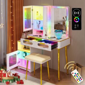 hnebc vanity desk with rgb lights,led makeup vanity with mirror and drawers, rgb makeup desk with usb+wireless charging station for bedroom, vanitys table with sensor mode, stool, white