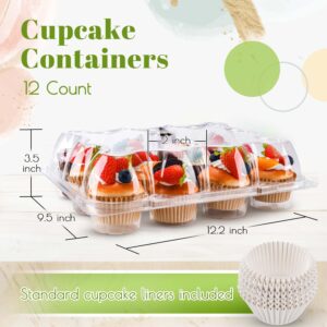 NPLUX 12 Count Cupcake Containers 12 Pack Cupcake Holders Plastic Stackable Cupcake Boxes with Detachable Tall Dome Lids and 144 Liners for 144 Cupcakes, BPA Free, Standard Size