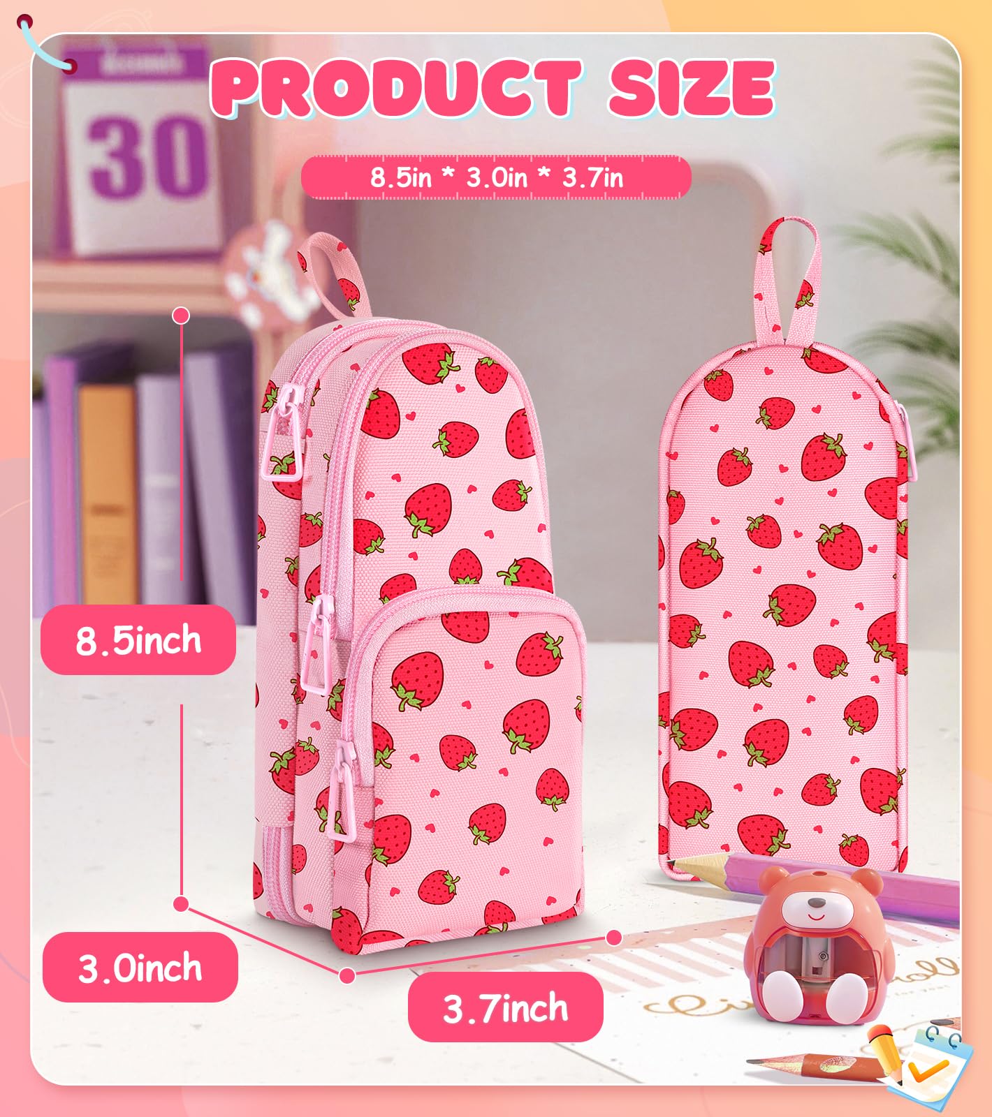 LISEVO Cute Strawberry Pencil Case,Unique Aesthetic 3D Schoolbag-Shaped Pencil Pouch for Girls Boys Kids Women,Big Capacity Pen and Pencil Stationery Organizer Bag with Zippers for School Office