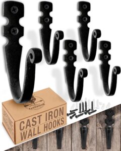 cast iron wall hooks (5 pack) handmade blacksmith - wall mounted j hooks - farmhouse decorative - vintage hooks for hanging coats, bags or pots in pantry (2 screws each hook for strength)