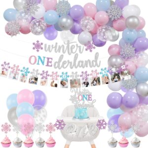 winter onederland 1st birthday decorations girl, winter onederland banner, snowflake photo banner highchair banner snowflake balloon arch garland for winter first birthday baby shower party supplies