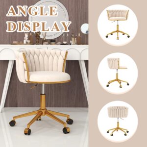 ABET Desk Chair with Wheels, Modern Velvet Office Chair for Desk, Hand Woven Vanity Makeup Chair for Girls Women Bedroom, 360° Swivel & Height Adjustable Gold Base Task Armchair, Beige