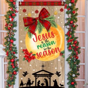 Jesus Is The Reason for The Season Banner, Baby Jesus Christmas Door Decorations,Willow Red Bowknot Holy Nativity Scene Backdrop for Xmas village background Winter Holiday Party Supplies