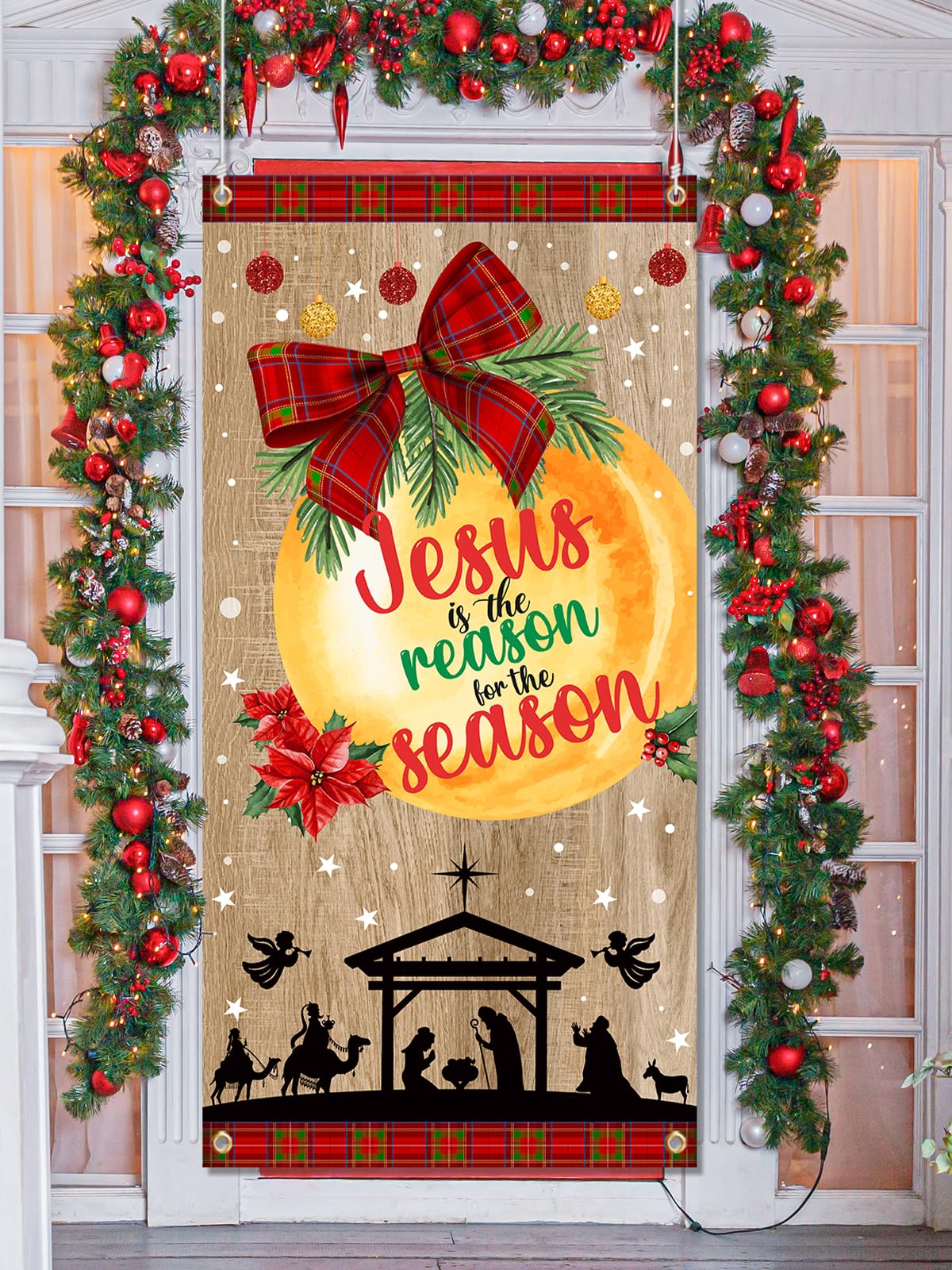 Jesus Is The Reason for The Season Banner, Baby Jesus Christmas Door Decorations,Willow Red Bowknot Holy Nativity Scene Backdrop for Xmas village background Winter Holiday Party Supplies