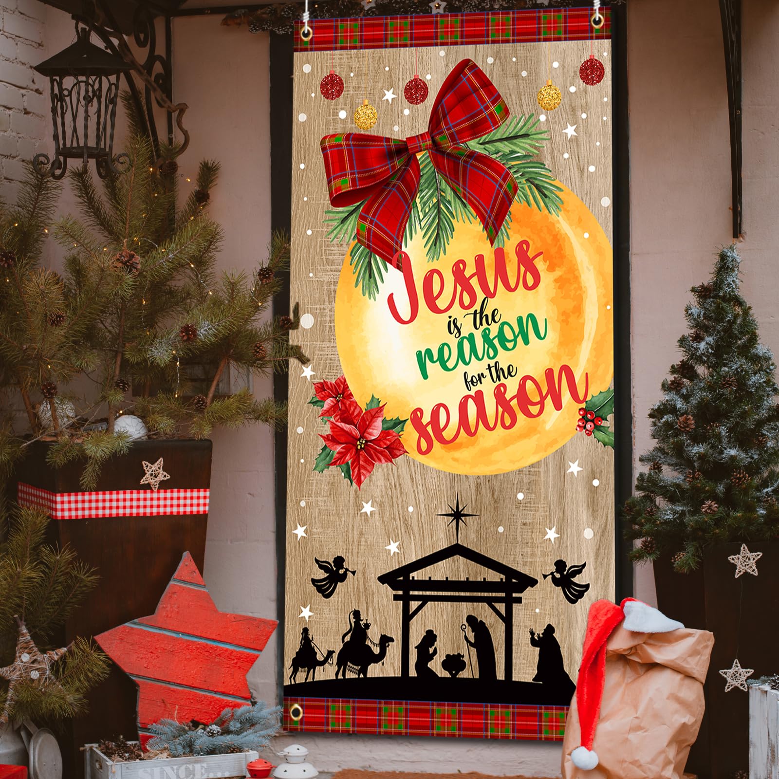 Jesus Is The Reason for The Season Banner, Baby Jesus Christmas Door Decorations,Willow Red Bowknot Holy Nativity Scene Backdrop for Xmas village background Winter Holiday Party Supplies