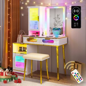 HNEBC Vanity Desk with RGB Lights,LED Makeup Vanity with Mirror and Drawers, RGB Makeup Desk with USB+Wireless Charging Station for Bedroom, Vanitys Table with Sensor Mode, Stool, White