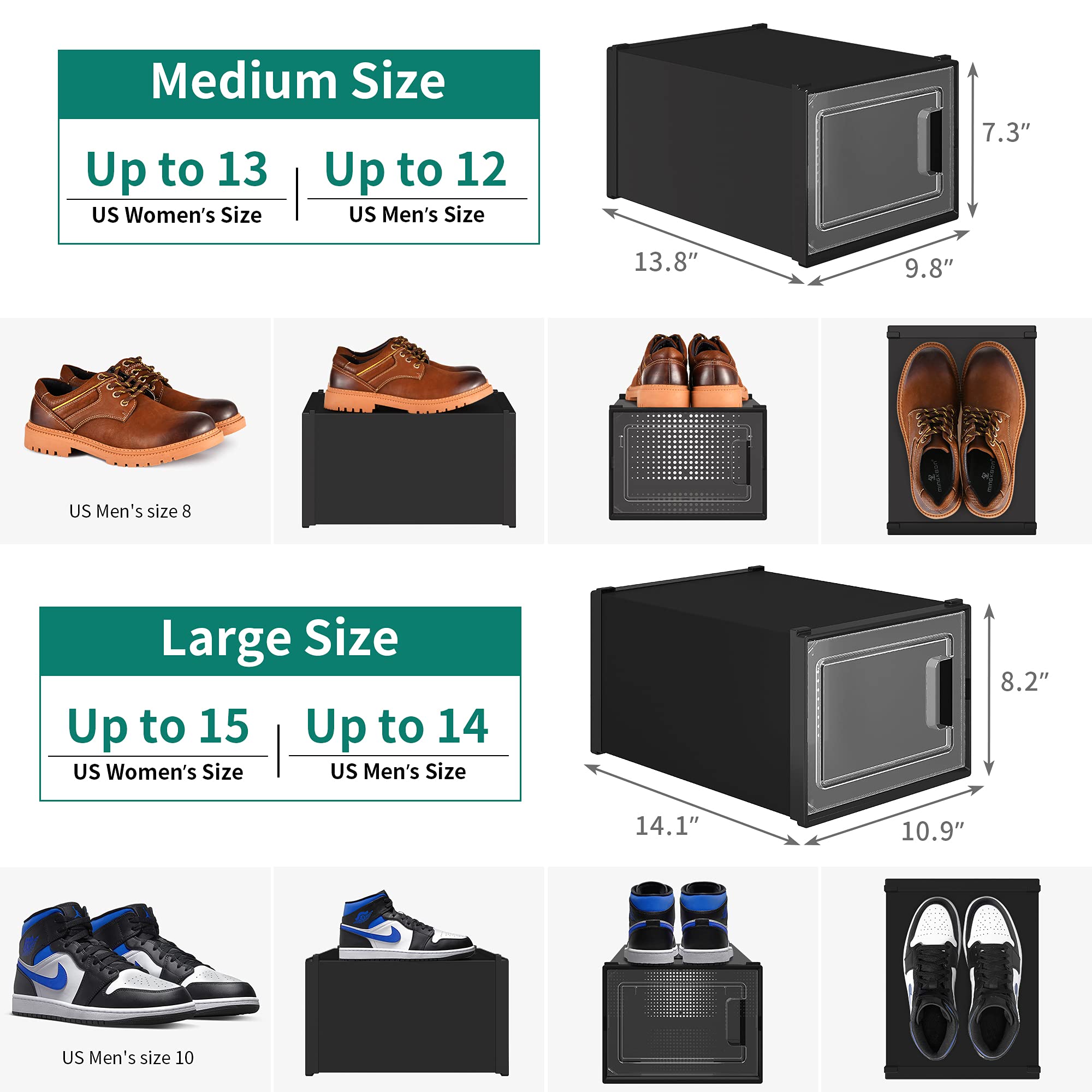 YITAHOME X-Large 12 Pack Shoe Storage Box Fit up to US Size 15, Stackable Shoe Organizer Boxes for Closet, Plastic Shoe Rack Sneaker Containers Bins with Lids (XL, Black)