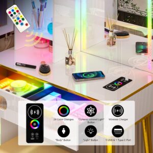 HNEBC Vanity Desk with RGB Lights,LED Makeup Vanity with Mirror and Drawers, RGB Makeup Desk with USB+Wireless Charging Station for Bedroom, Vanitys Table with Sensor Mode, Stool, White