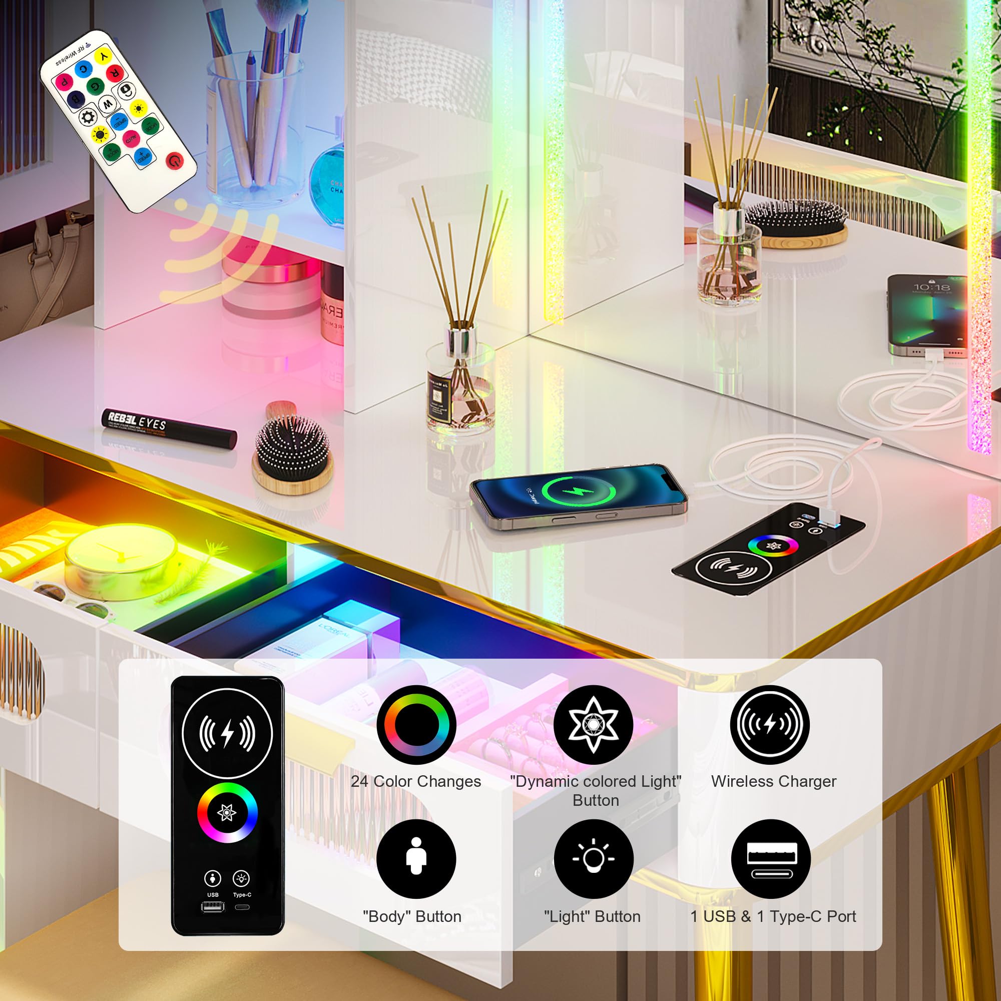 HNEBC Vanity Desk with RGB Lights,LED Makeup Vanity with Mirror and Drawers, RGB Makeup Desk with USB+Wireless Charging Station for Bedroom, Vanitys Table with Sensor Mode, Stool, White