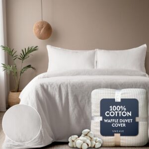 waffle duvet cover king - 100% cotton waffle weave white duvet cover king size - soft and breathable duvet cover set for all seasons - 3 pcs set - (king, 104"x90")