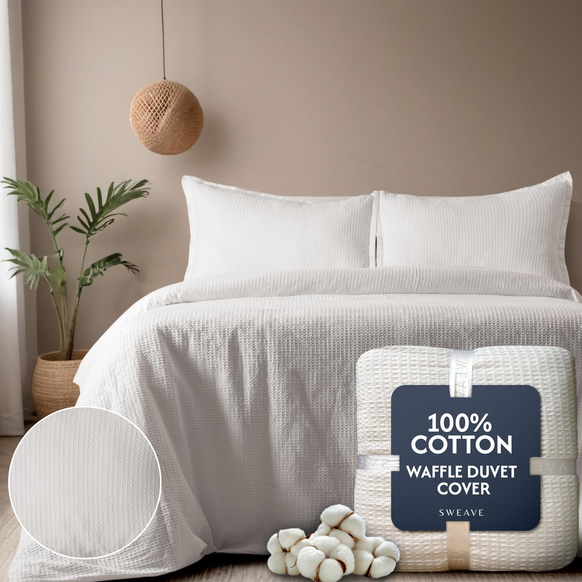 Waffle Duvet Cover King - 100% Cotton Waffle Weave White Duvet Cover King Size - Soft and Breathable Duvet Cover Set for All Seasons - 3 PCs Set - (King, 104"x90")