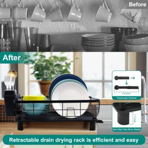 Goderewild Dish Drying Rack for Kitchen Counter,Space-Saving Dish Rack with Drainboard,Rustproof Countertop Dish Drainer with Utensil Holder for Sink,Black