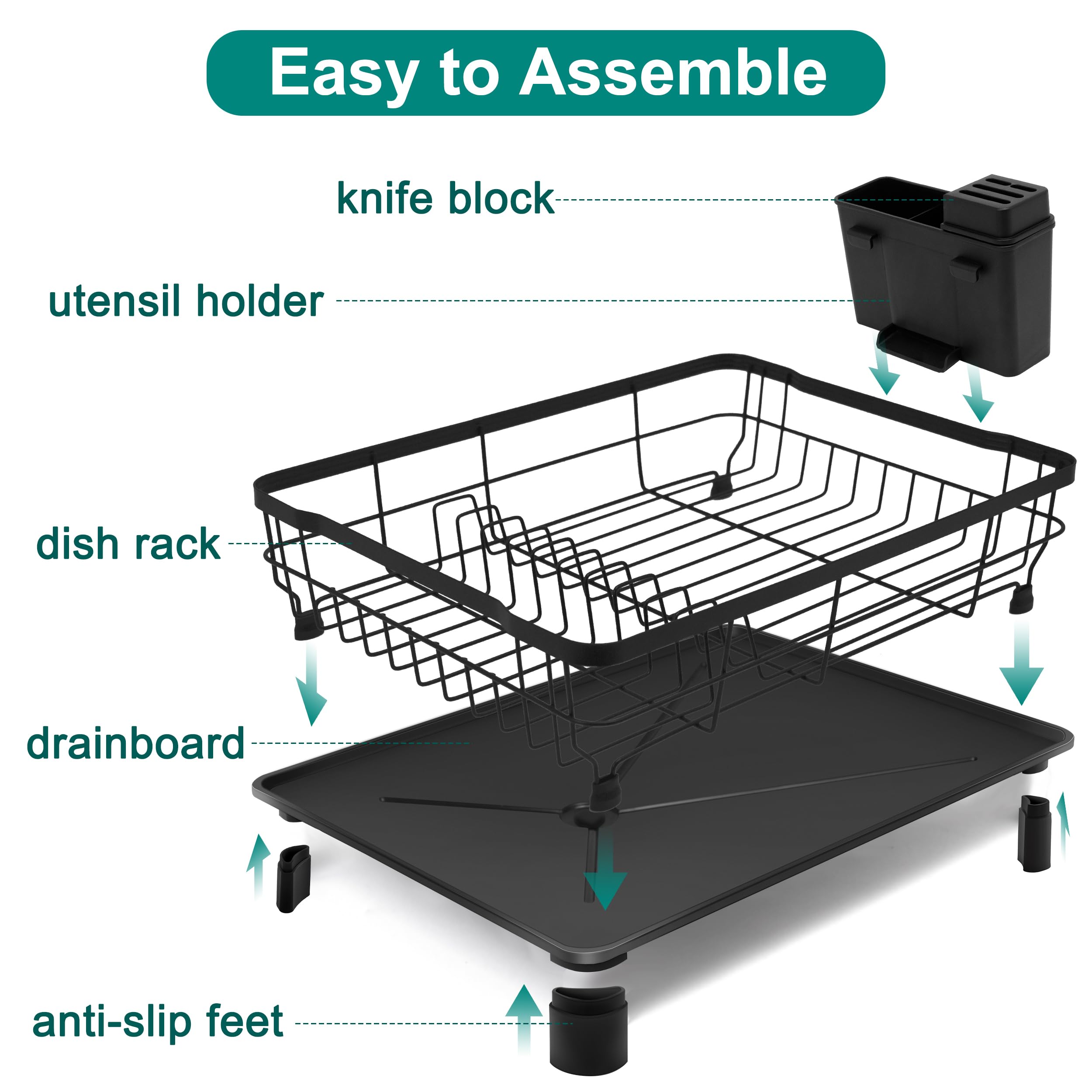 Goderewild Dish Drying Rack for Kitchen Counter,Space-Saving Dish Rack with Drainboard,Rustproof Countertop Dish Drainer with Utensil Holder for Sink,Black