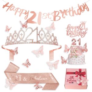 21st birthday decorations for her girls sweet birthday gifts rose gold 21st birthday sash, tiara, cake topper, number 21st candles, happy 21st birthday banner, 3d butterfly 12pcs, birthday supplies