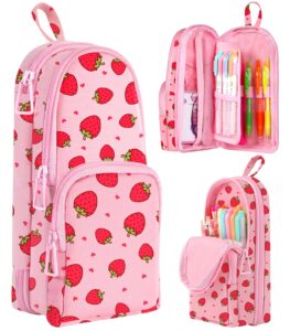 lisevo cute strawberry pencil case,unique aesthetic 3d schoolbag-shaped pencil pouch for girls boys kids women,big capacity pen and pencil stationery organizer bag with zippers for school office