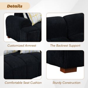 P PURLOVE Modern Couch for Living Room, Corduroy Comfy Sofa with Rubber Wood Legs and 4 Pillows, Sofa Couch for Office, Bedroom, Small Spaces, Apartment (Black)