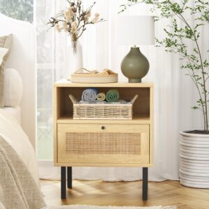 Rattan Nightstands Set of 2, Boho Night Stand with 1 Door, Accent End Table, Wood Bediside Table with Metal Legs&Open Shelf, Natural Wood