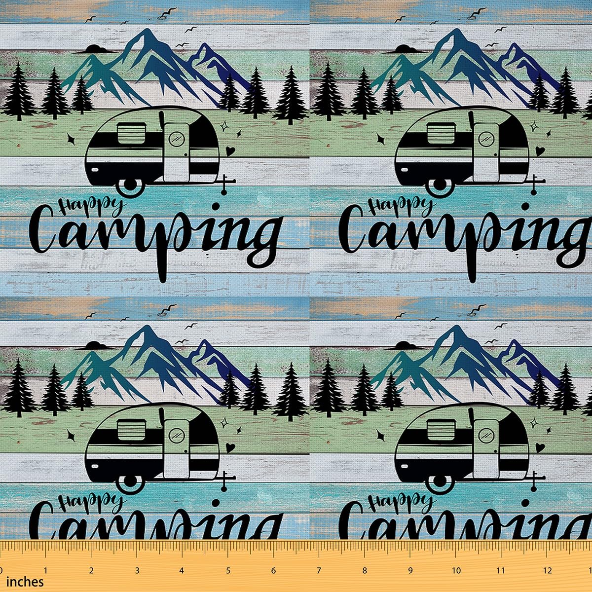 Camper Print Reupholstery Fabric 1 Yard Happy Camping Upholstery Fabric for RV Camping Fabric by The Yard Blue Patchwork Decorative Waterproof Outdoor Fabric for Chairs