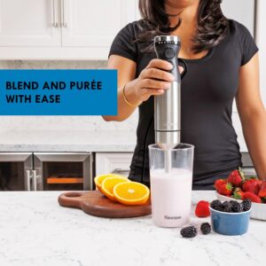 Kenmore Immersion Hand Blender Mixer Variable Speed Blender Handheld Blending Stick Smoothie Food Chopper Whisk 700mL Beaker Lid Baby Food Red Sauces Puree Soup Quad Blade Kitchen Black Silver