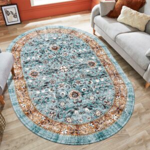 agelmat boho rug 4'x6' oval washable bedroom rug non-slip large soft distressed vintage floor mat tribal non-shedding print oriental throw carpet for living room dining dorm blue