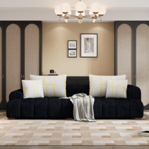 p purlove modern couch for living room, corduroy comfy sofa with rubber wood legs and 4 pillows, sofa couch for office, bedroom, small spaces, apartment (black)