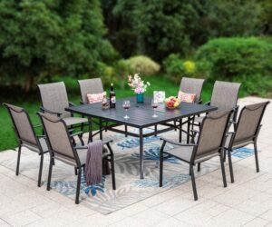 sophia & william patio dining set 9 pieces, 8 quick dry textilene chairs and 1 large square outdoor dining table, durable all-weather patio furniture for lawn, park, and courtyard support 350lbs