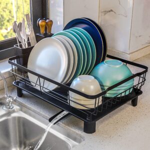 goderewild dish drying rack for kitchen counter,space-saving dish rack with drainboard,rustproof countertop dish drainer with utensil holder for sink,black