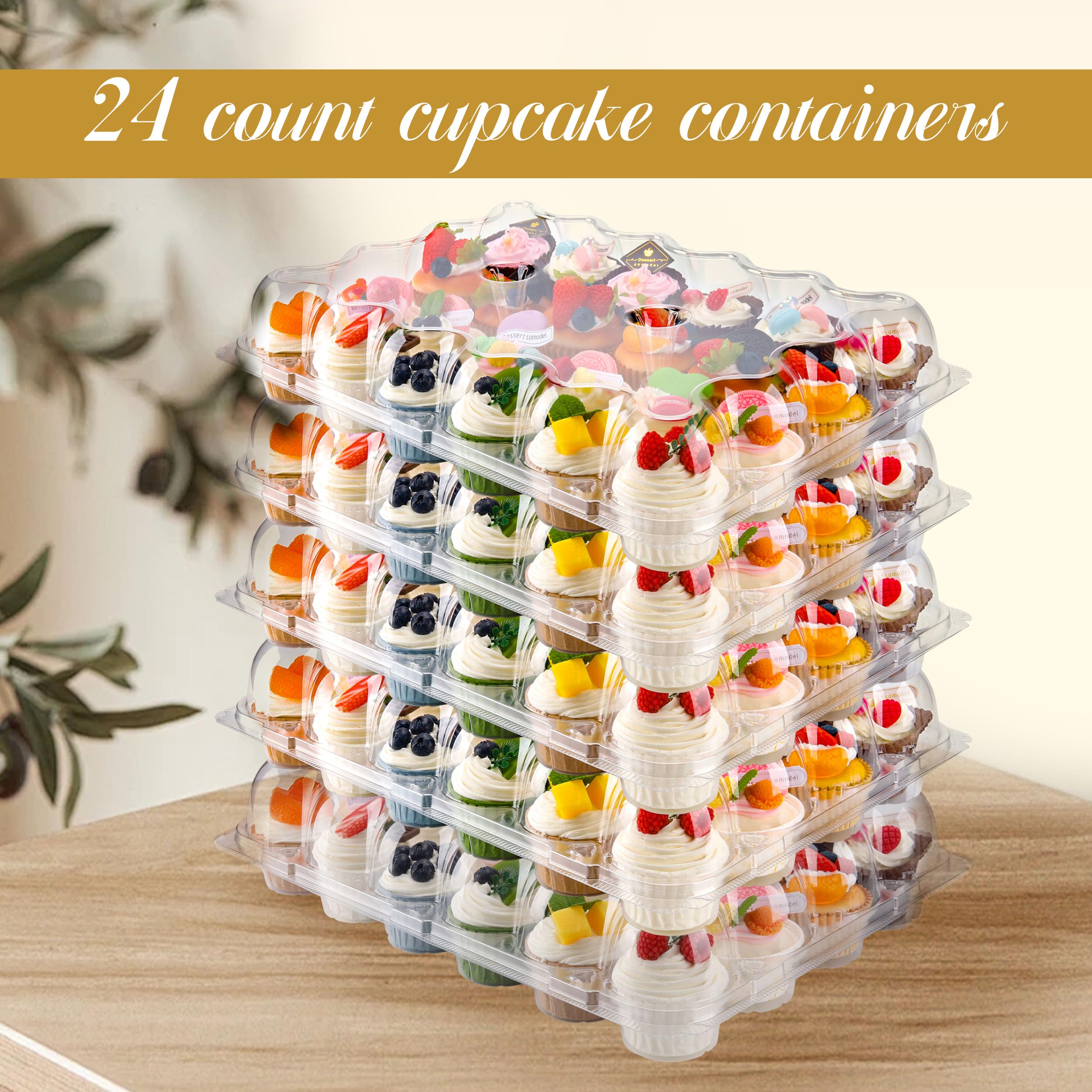 NPLUX 24 Count Cupcake Containers 10 Pack Cupcake Holders with Detachable Tall Dome Lids Clear Plastic Stackable Cupcake Boxes for 240 Cupcakes, BPA Free, Standard Size