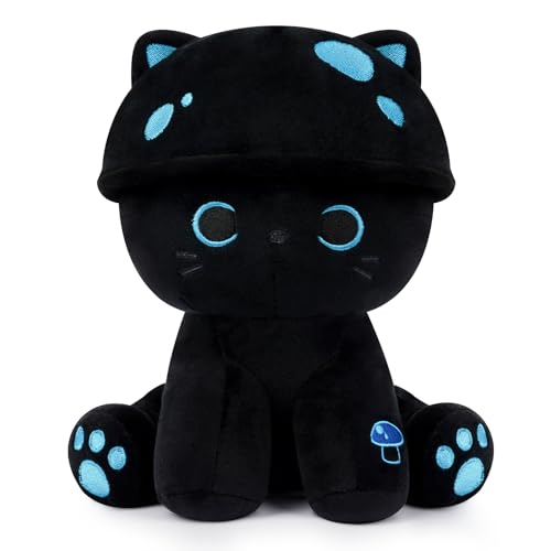 JIZWPOOM Black Cat Plush Toy, 9in Cute Mushroom Cat Stuffed Animals Mushroom Pillow, Stuffed Mushroom Cat Plushie, Soft Mushroom Cat Plush Gift for Kids, Brithday Christmas Decor