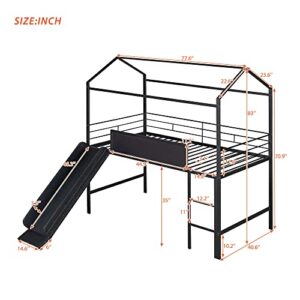 RORIGAT Twin Size House Loft Bed with Slide and Ladder, Metal LoftBed w/Two-Sided Writable Wooden Board & Roof, for Kids Boys Girls Bedroom, Black