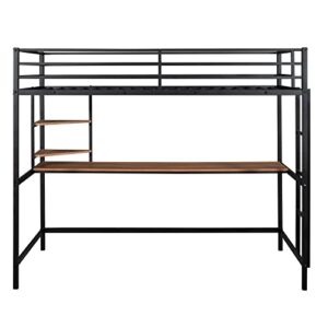 RORIGAT Metal Twin Size Loft Bed with Desk,Heavy Duty Loft Bed Frame with Storage Shelves,Space Saving Twin Loft Bed for Kids, Teens,Twin,Black