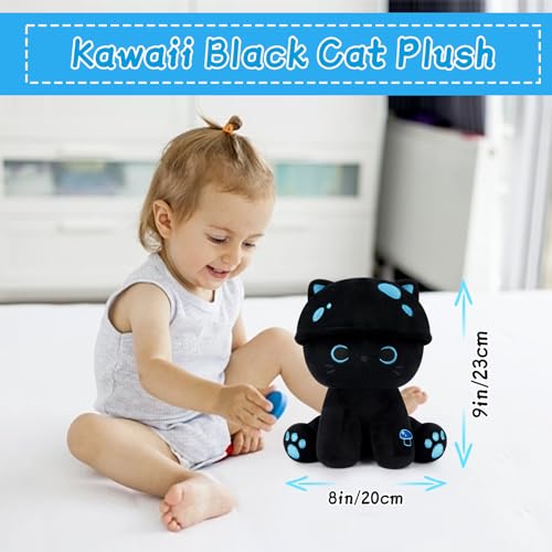 JIZWPOOM Black Cat Plush Toy, 9in Cute Mushroom Cat Stuffed Animals Mushroom Pillow, Stuffed Mushroom Cat Plushie, Soft Mushroom Cat Plush Gift for Kids, Brithday Christmas Decor