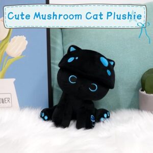 JIZWPOOM Black Cat Plush Toy, 9in Cute Mushroom Cat Stuffed Animals Mushroom Pillow, Stuffed Mushroom Cat Plushie, Soft Mushroom Cat Plush Gift for Kids, Brithday Christmas Decor