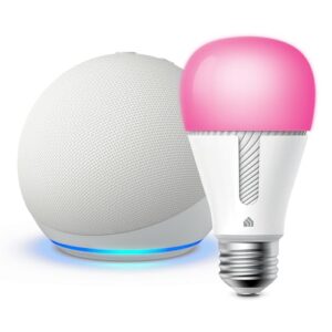 echo dot (5th gen, 2022 release) in glacier white bundle with tp-link kasa smart color bulb