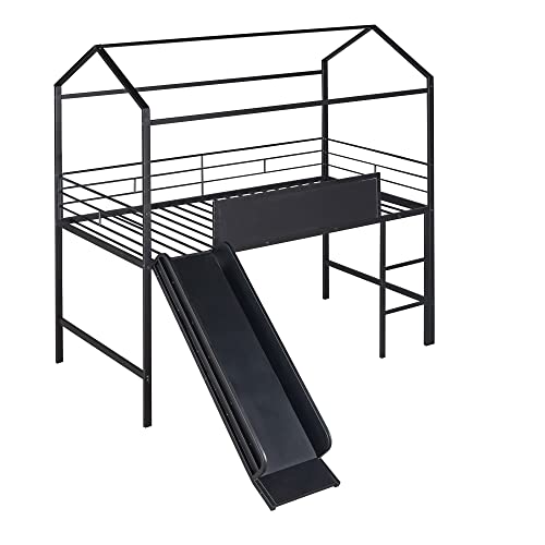 RORIGAT Twin Size House Loft Bed with Slide and Ladder, Metal LoftBed w/Two-Sided Writable Wooden Board & Roof, for Kids Boys Girls Bedroom, Black