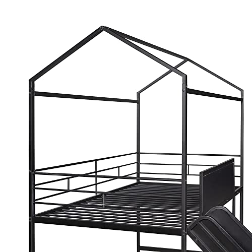 RORIGAT Twin Size House Loft Bed with Slide and Ladder, Metal LoftBed w/Two-Sided Writable Wooden Board & Roof, for Kids Boys Girls Bedroom, Black