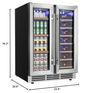 EUHOMY Wine and Beverage Refrigerator, 24 Inch Dual Zone Wine Cooler with Glass Door Hold 21 Bottles and 88 Cans, Built in or Under Counter Wine Fridge with Blue LED Light