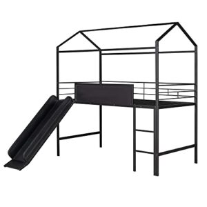 RORIGAT Twin Size House Loft Bed with Slide and Ladder, Metal LoftBed w/Two-Sided Writable Wooden Board & Roof, for Kids Boys Girls Bedroom, Black