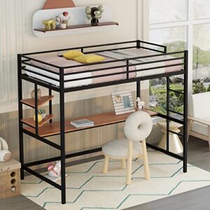 RORIGAT Metal Twin Size Loft Bed with Desk,Heavy Duty Loft Bed Frame with Storage Shelves,Space Saving Twin Loft Bed for Kids, Teens,Twin,Black