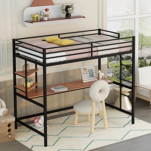 RORIGAT Metal Twin Size Loft Bed with Desk,Heavy Duty Loft Bed Frame with Storage Shelves,Space Saving Twin Loft Bed for Kids, Teens,Twin,Black