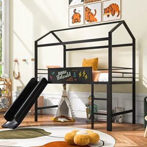 rorigat twin size house loft bed with slide and ladder, metal loftbed w/two-sided writable wooden board & roof, for kids boys girls bedroom, black