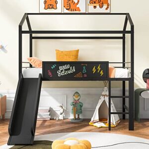 RORIGAT Twin Size House Loft Bed with Slide and Ladder, Metal LoftBed w/Two-Sided Writable Wooden Board & Roof, for Kids Boys Girls Bedroom, Black