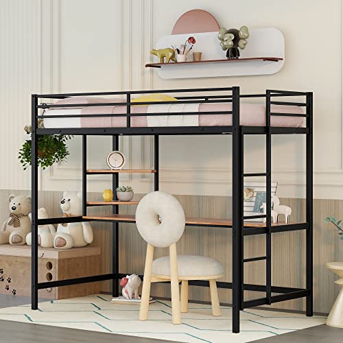 RORIGAT Metal Twin Size Loft Bed with Desk,Heavy Duty Loft Bed Frame with Storage Shelves,Space Saving Twin Loft Bed for Kids, Teens,Twin,Black