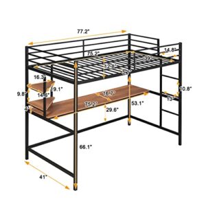 RORIGAT Metal Twin Size Loft Bed with Desk,Heavy Duty Loft Bed Frame with Storage Shelves,Space Saving Twin Loft Bed for Kids, Teens,Twin,Black