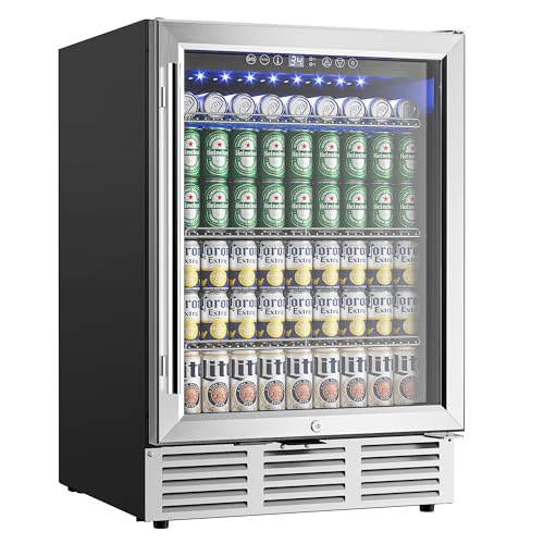 EUHOMY 24 Inch Beverage Refrigerator, 180 Can Built-in Beverage Cooler, Under Counter Beer Fridge with Glass Door for Soda, Water, Wine - For Kitchen, Bar or Office