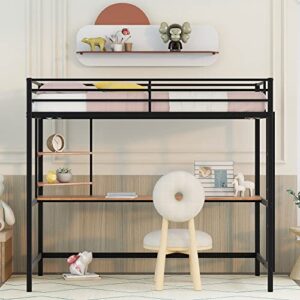 RORIGAT Metal Twin Size Loft Bed with Desk,Heavy Duty Loft Bed Frame with Storage Shelves,Space Saving Twin Loft Bed for Kids, Teens,Twin,Black