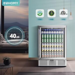 EUHOMY 24 Inch Beverage Refrigerator, 180 Can Built-in Beverage Cooler, Under Counter Beer Fridge with Glass Door for Soda, Water, Wine - For Kitchen, Bar or Office