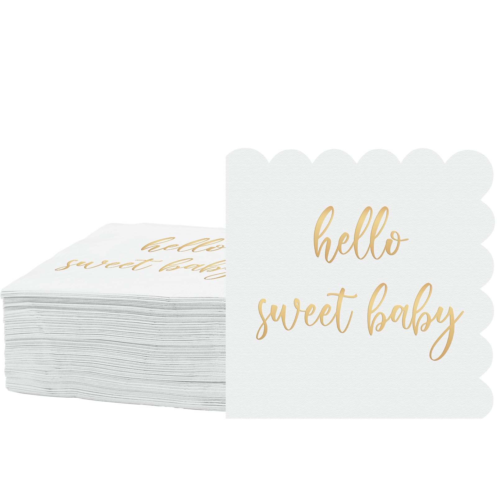 Zhanmai 100 Pcs Scalloped Baby Shower Napkins Hello Sweet Decorations Paper White and Gold Napkins Disposable Luncheon Cocktail Napkins Folded 5 x 5 Inch for Baby Shower Party Decor